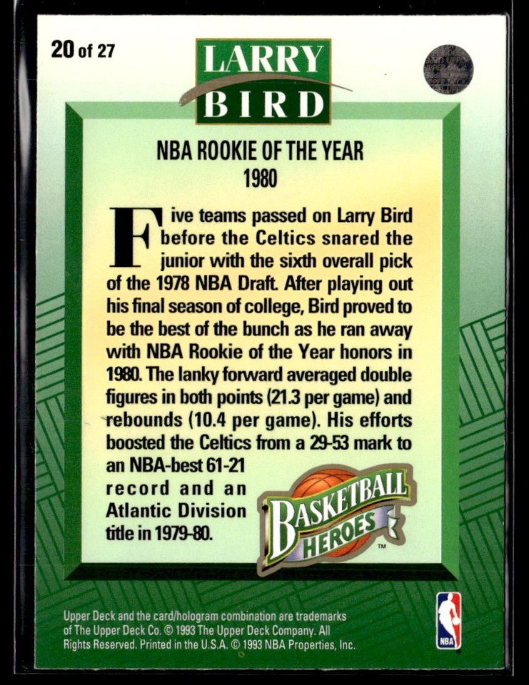 1992-93 Upper Deck #20 Larry Bird Basketball Heroes: Larry Bird Card ...