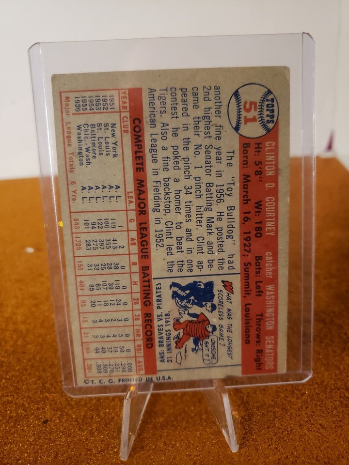 1957 TOPPS BASEBALL #51 CLINT COURTNEY WASHINGTON SENATORS | eBay