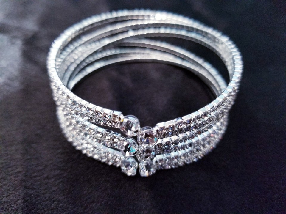Silver Rhinestone Cuff Bangle Bracelet Crystal Jewelry Prom Pageant ...
