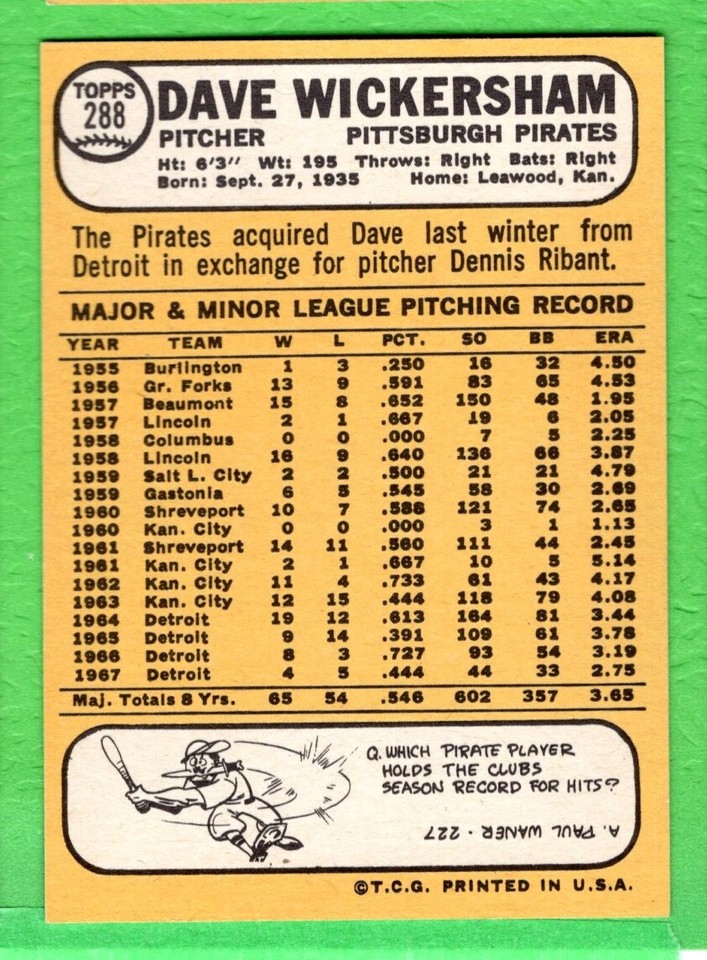 1968 TOPPS BASEBALL #288 DAVE WICKERSHAM PITTSBURGH PIRATES NM/MNT ...