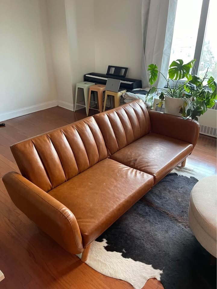 Mid-Century Modern Faux Leather Convertible Futon Sofa Bed Couch ...