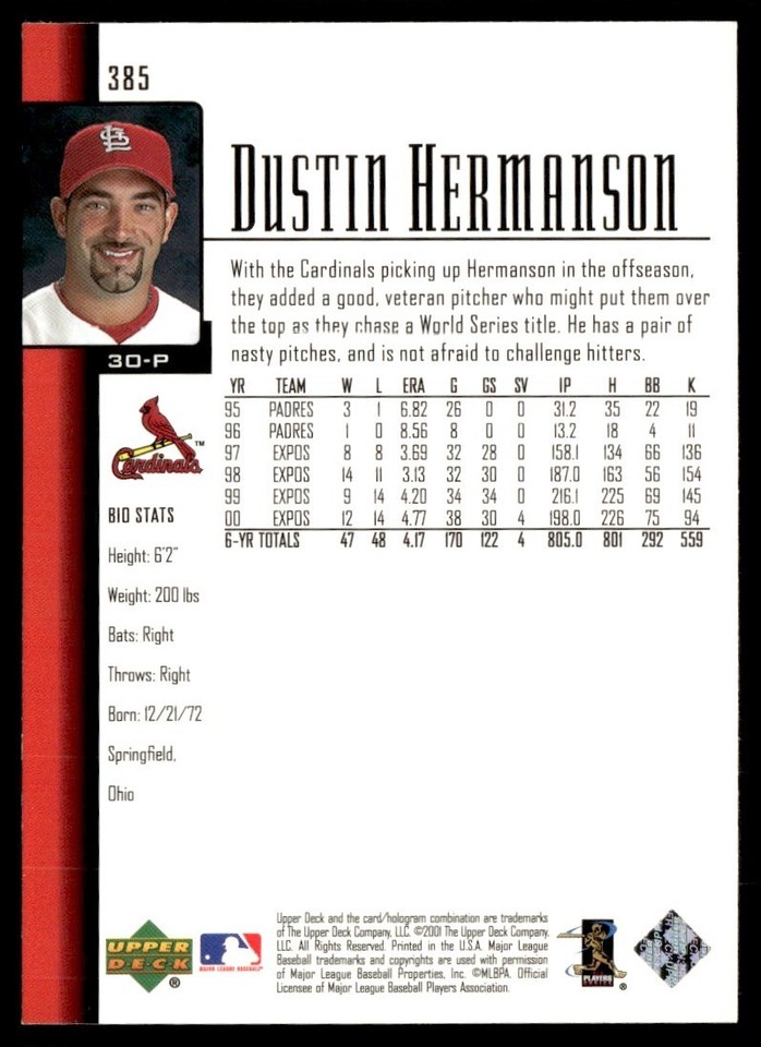 2001 Upper Deck Dustin Hermanson St. Louis Cardinals #385 | eBay