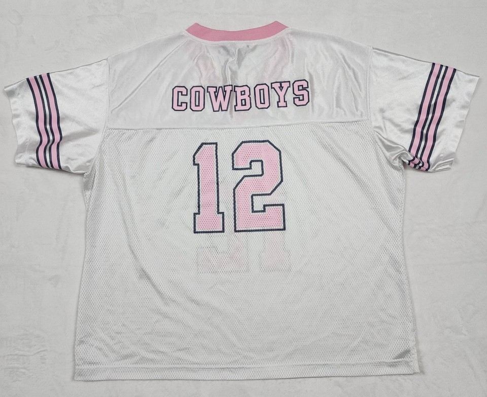 Dallas Cowboys Women’s Jersey #12 White Pink Mesh V-Neck Shirt Size 16/ ...