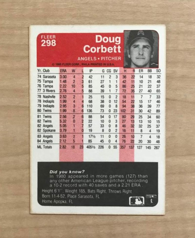 DOUG CORBETT CALIFORNIA ANGELS SIGNED AUTOGRAPHED 1985 FLEER CARD #298 ...