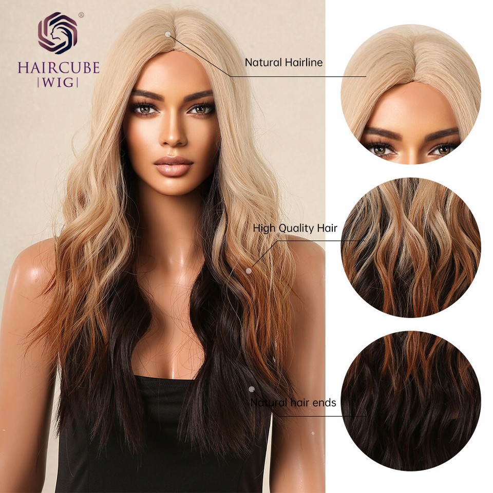 Haircube Women Long Wavy SYNTHETIC WIGS Ombre Platinum Brown Wig Heat ...