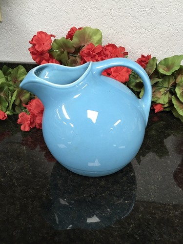 VINTAGE HARLEQUIN HLC POTTERY TURQUOISE BLUE BALL PITCHER WITH ICE LIP ...