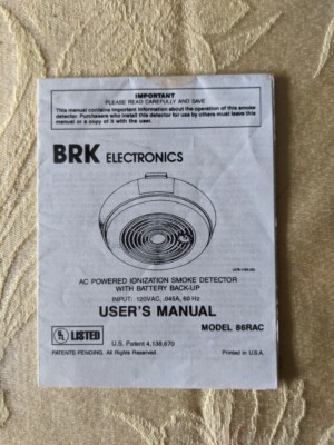 Owners manual for BRK Electronics smoke alarm Model 86RAC | eBay