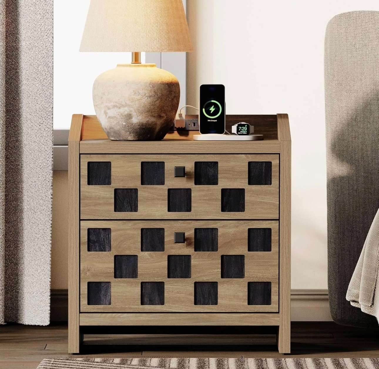 Set Of 2 Checkerboard Patterns Nightstand End Side Table with Charging ...