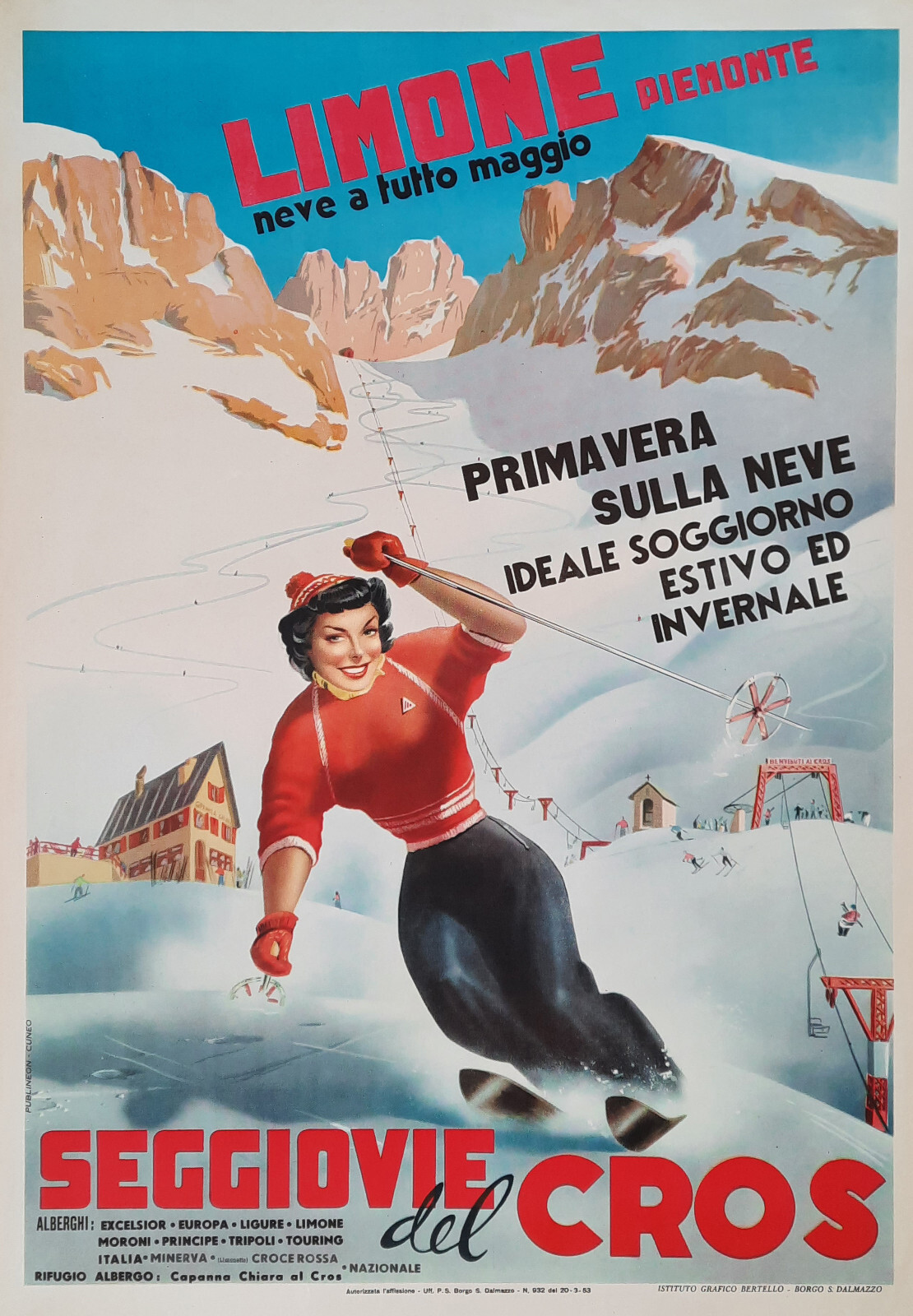 1953 LIMONE PIEMONTE Poster by Carlo Prandoni Ski Travel Italy Original ...
