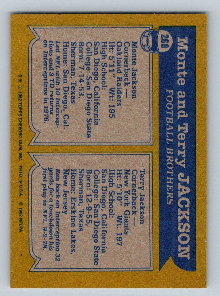 Monte Jackson / Terry Jackson #268 1982 Topps | eBay