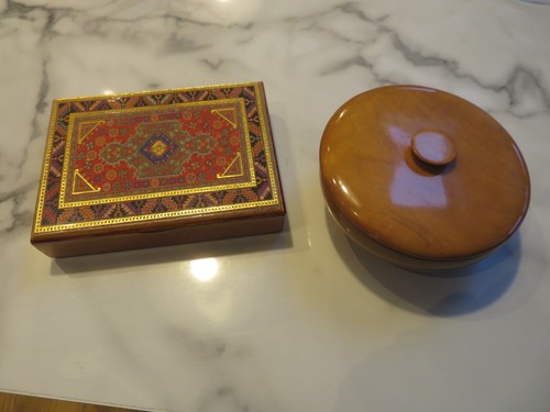 Two attractive wooden boxes, one rectangular/ornamental, one circular ...