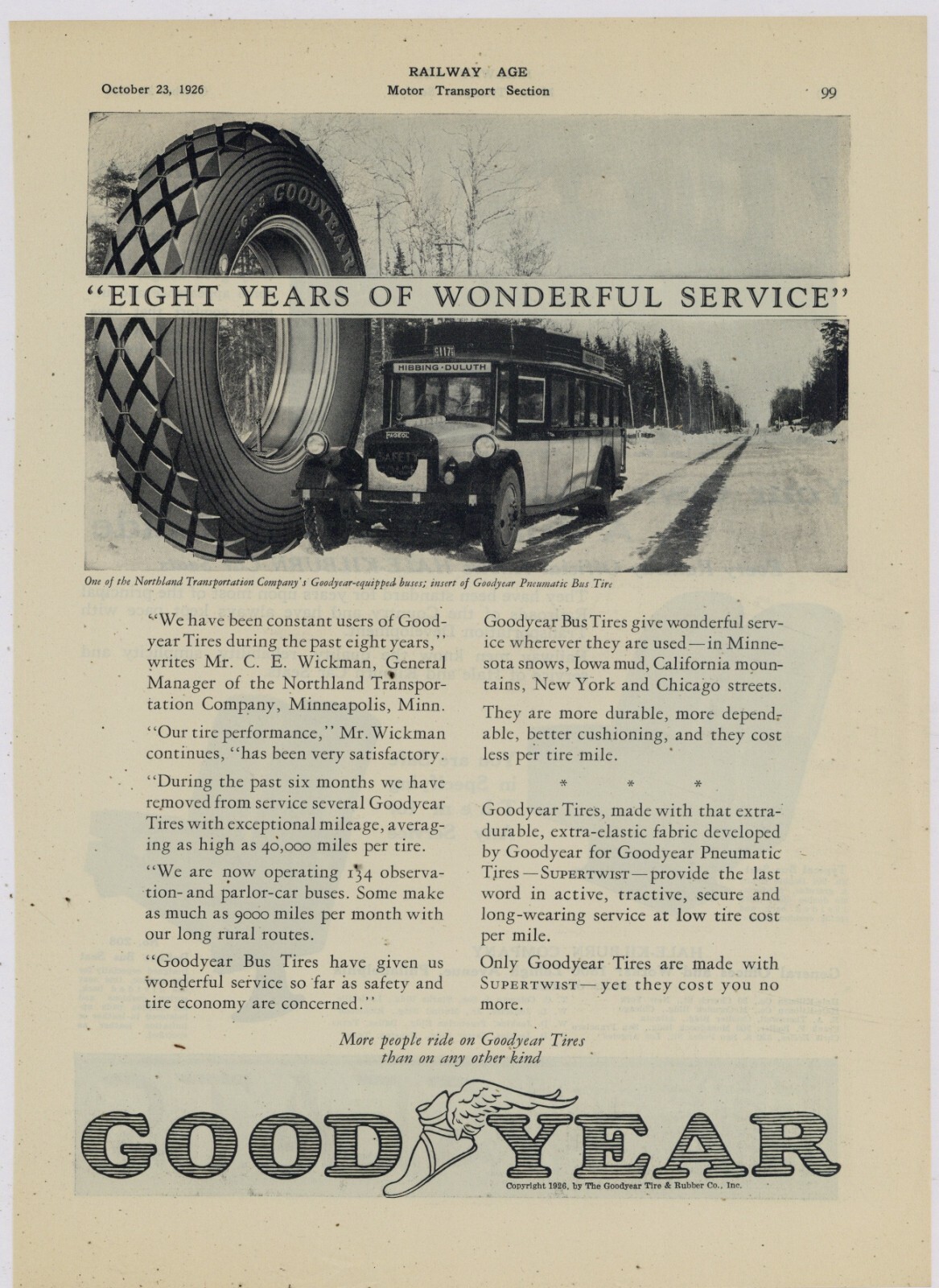 1926 Goodyear Tire Ad: Northland Transportation Co. Bus - Hibbings to ...