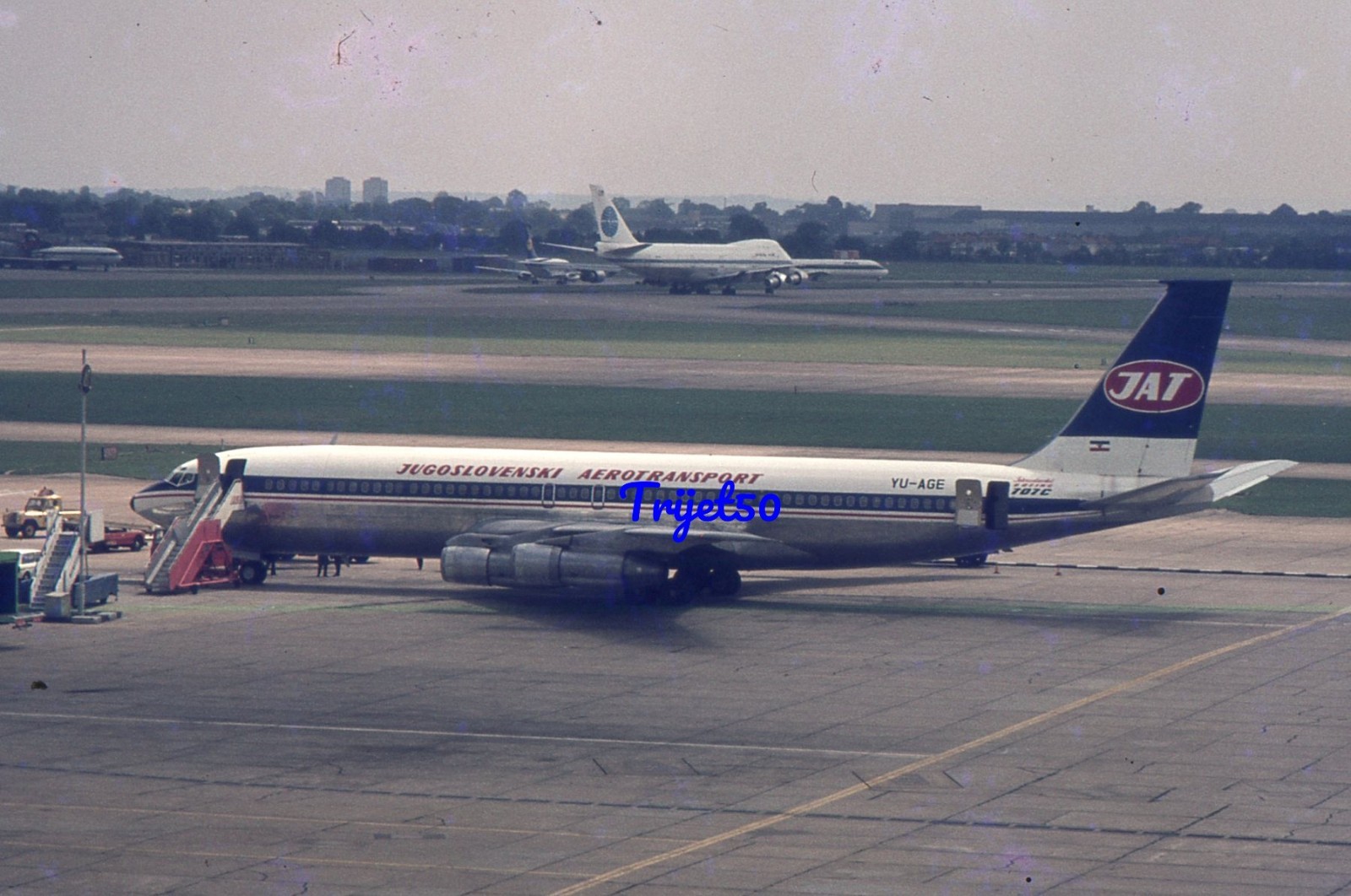 35mm Airliner Slide Boeing 707 YU-AGE JAT Yugoslav Airlines at Heathrow ...