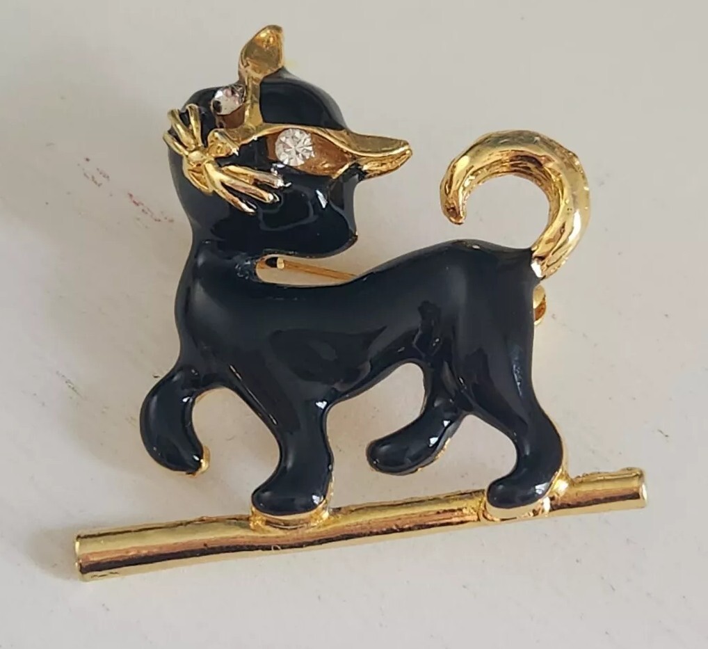 Vintage Cat Pin - Enamel Black & Gold Cat Brooch Pin … - Gem