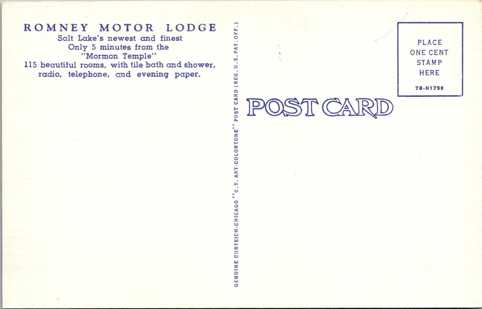 SALT LAKE CITY, UTAH - ROMNEY ROADSIDE MOTOR LODGE - MULTI-VIEW LINEN ...