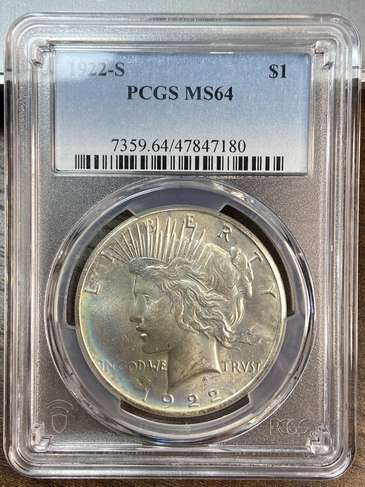 1922-S__MS64__Peace Silver Dollar__W/ Obverse Color Tone__PCGS, UNC ...
