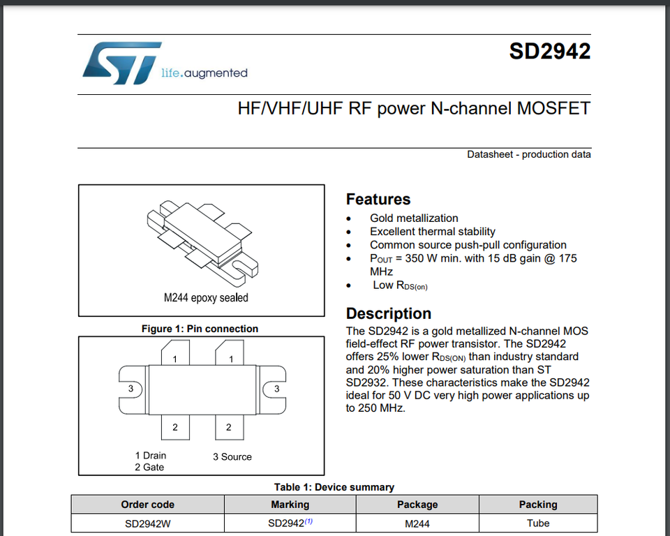 SD2942 HF/VHF/UHF RF power N-channel MOSFET | eBay