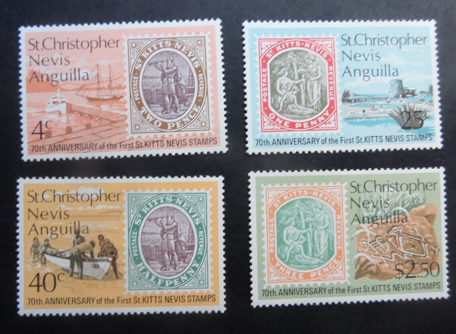 St Christopher Nevis Anguilla 1973 70th ann First Stamps ship SG285/8 ...