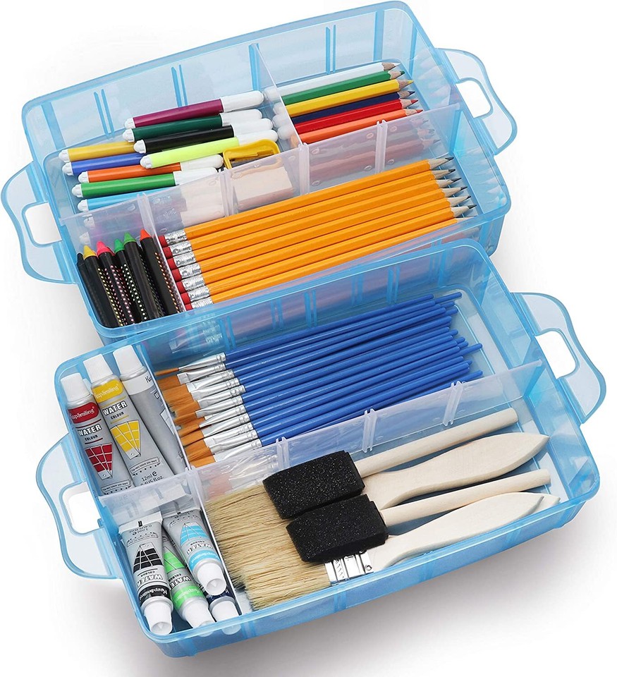 Stackable 3 Tier Blue Plastic Craft Storage Box with 30 Adjustable ...
