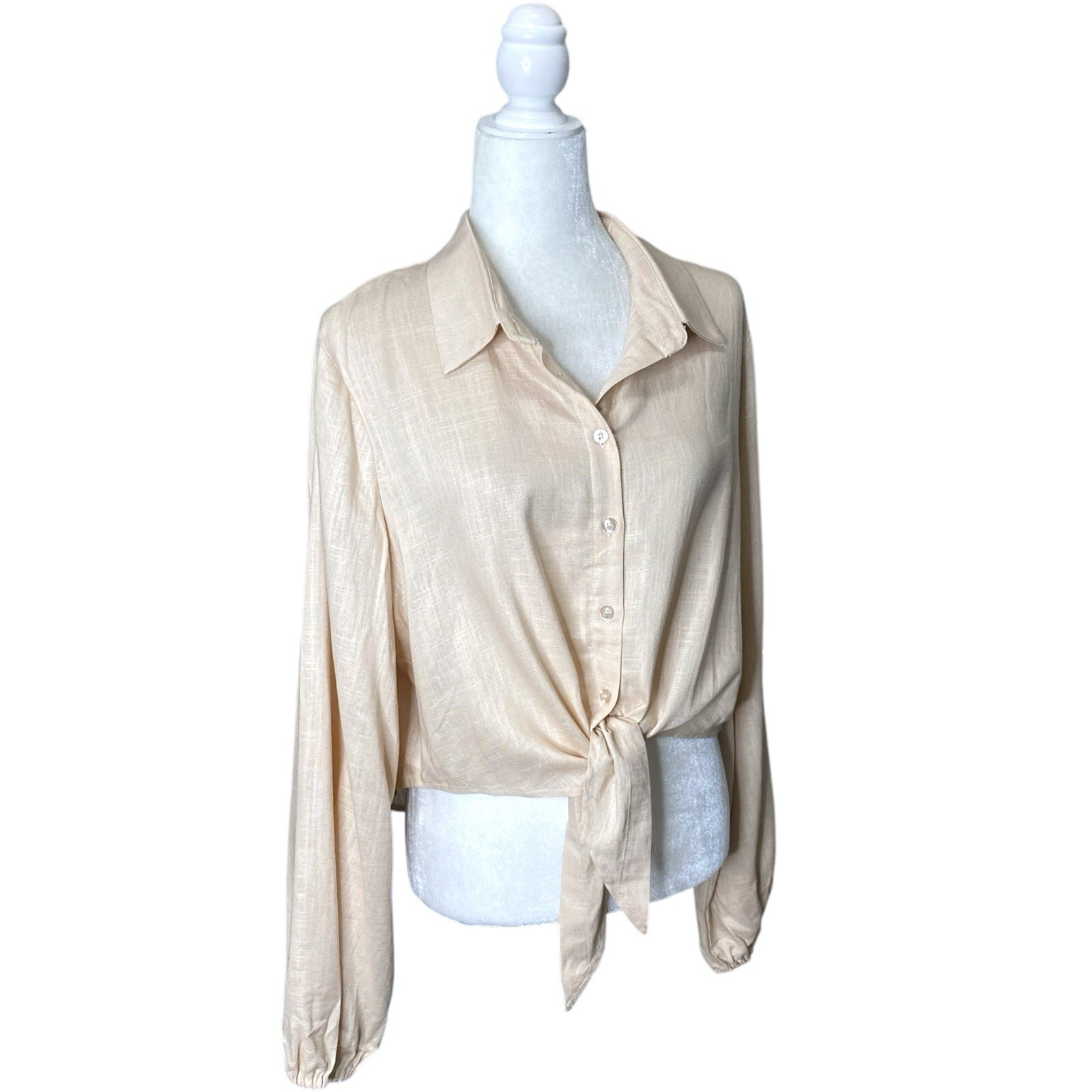 Lulus Womens Sweet Scenario Beige Linen Blend Tie-Front Button-Up Crop ...