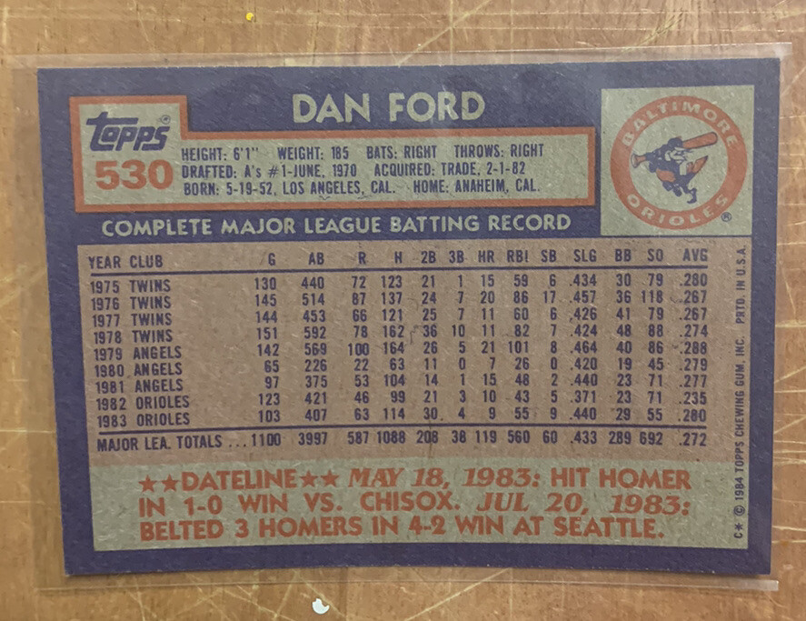 1984 Topps Baseball Dan Ford #530 Baltimore Orioles | eBay
