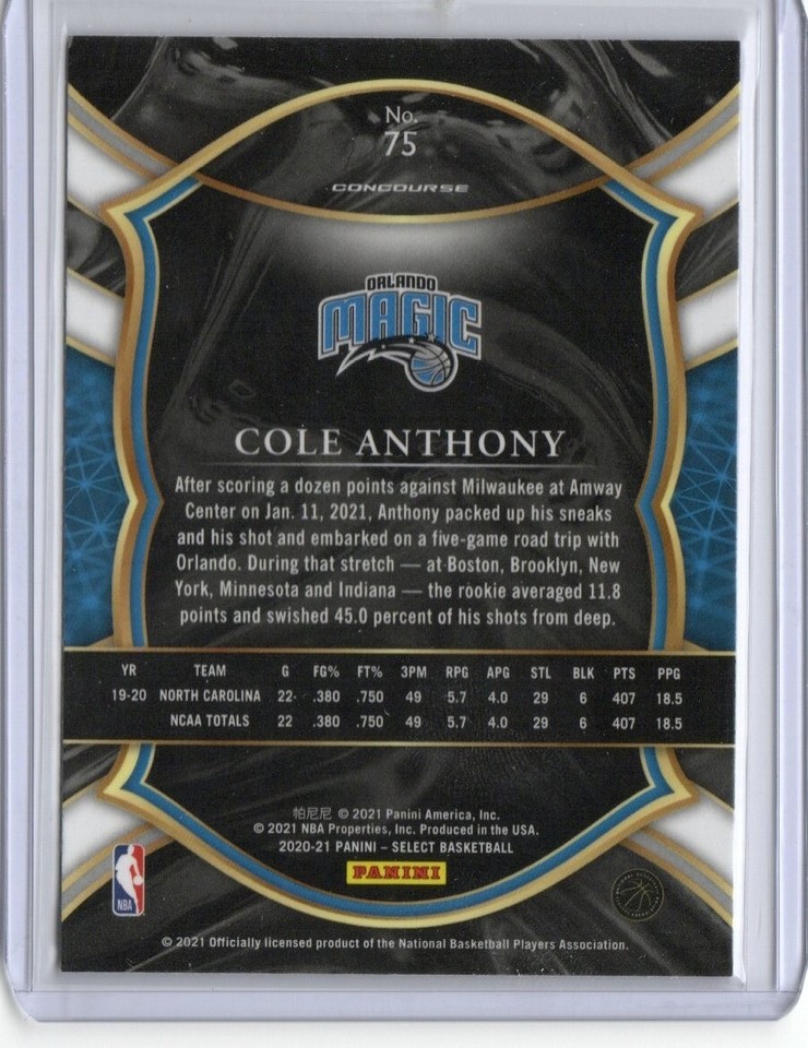 2020-21 Select Cole Anthony Concourse Level Rookie Card - Orlando Magic ...