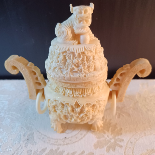 Vintage Foo Dog Trinket Box Hand Carved Resin Faux Ivory | eBay