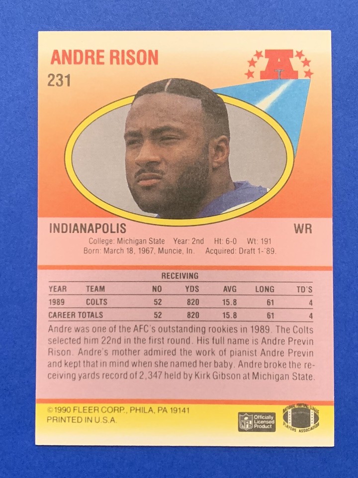 ANDRE RISON Signed 1990 Fleer #231 Colts Falcons Michigan State ...