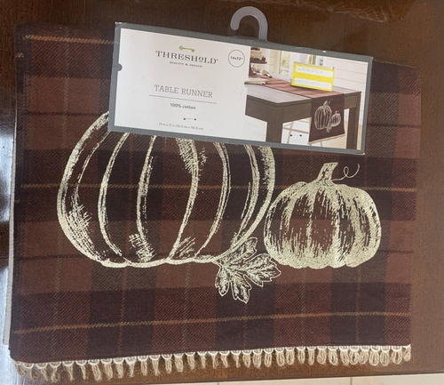 New Threshold - Fall Autumn Gold Pumpkin Pumpkins Plaid - Table Runner ...