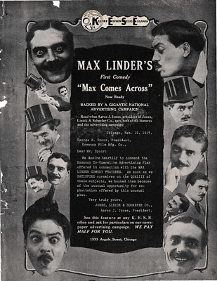 MAX LINDER FIRST COMEDY 1917 SILENT FILM ORIGINAL AD / POSTER MAX COMES ...