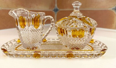 Amber Stain Rare Vintage glass creamer and sugar on tray with amber ...