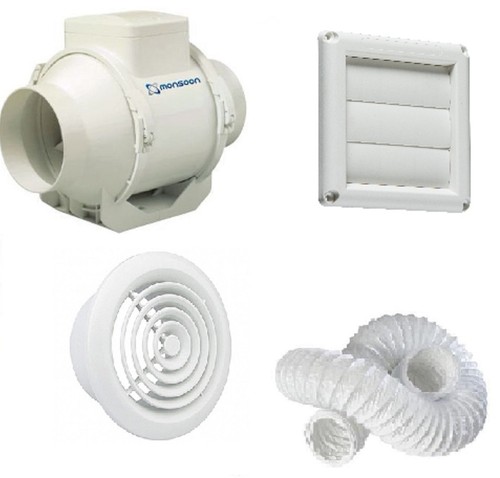 inline monsoon fan kit 4" 100mm c/w 3mtr ducting and grills MIXED FLOW ...