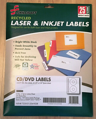 Skilcraft AbilityOne CD/DVD White Laser Labels Pack of 50 NSN# 7530-01 ...