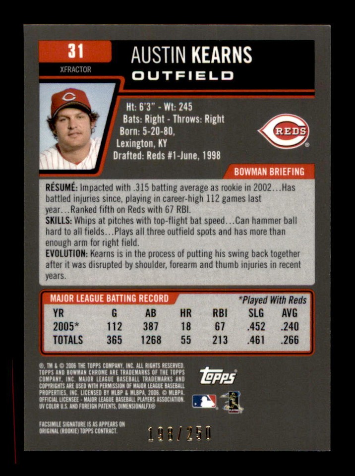 2006 Baseball Bowman Chrome Austin Kearns Cincinnati Reds #31 Red Xfac ...