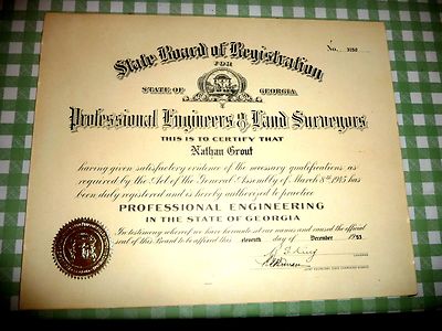 VINTAGE CERTIFICATE STATE OF GEORGIA PROFESSIONAL ENGINEER LAND SEAL ...