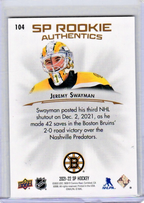 JEREMY SWAYMAN 2021-22 UPPER DECK SP AUTHENTIC GOLD SP ROOKIE RC # 104 ...