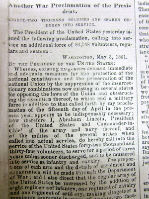 1861 newspaper PRESIDENT ABRAHAM LINCOLN PROCLAMATION to DRAFT more ...