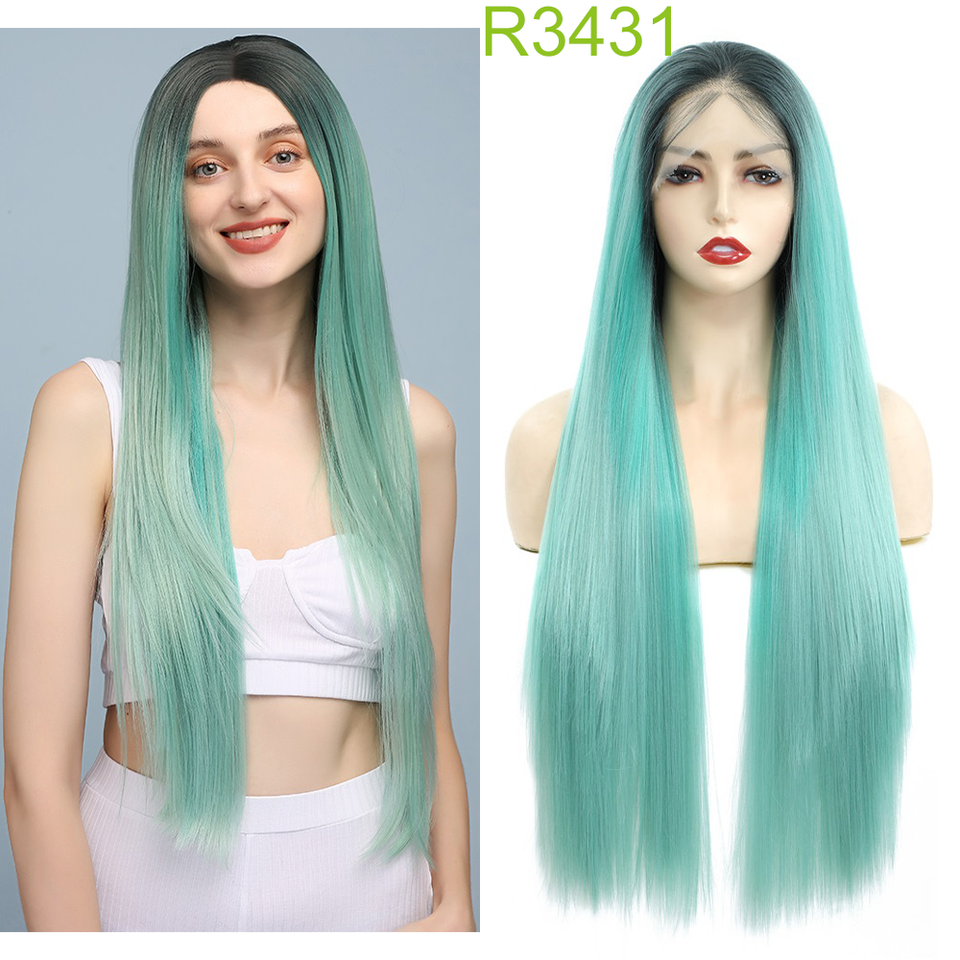 Long Straight Lace Front Wig Women Brown Gray Blue Gradient Wigs Cosplay Party | eBay