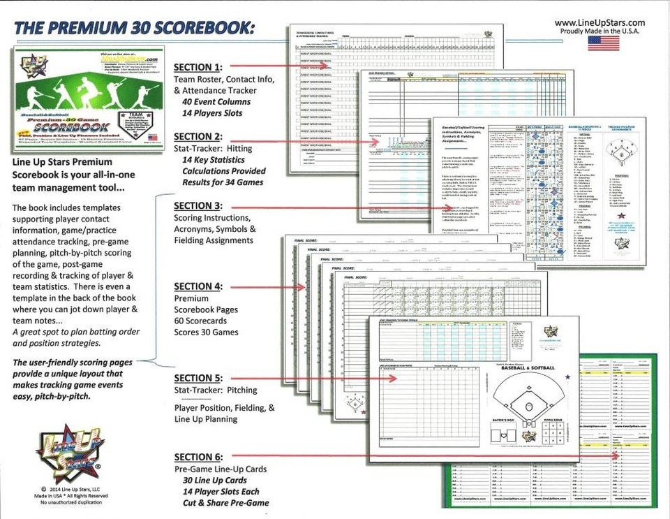 USA Custom Cover 30 GAME SCOREBOOK BASEBALL / SOFTBALL SCORE BOOK COACH ...