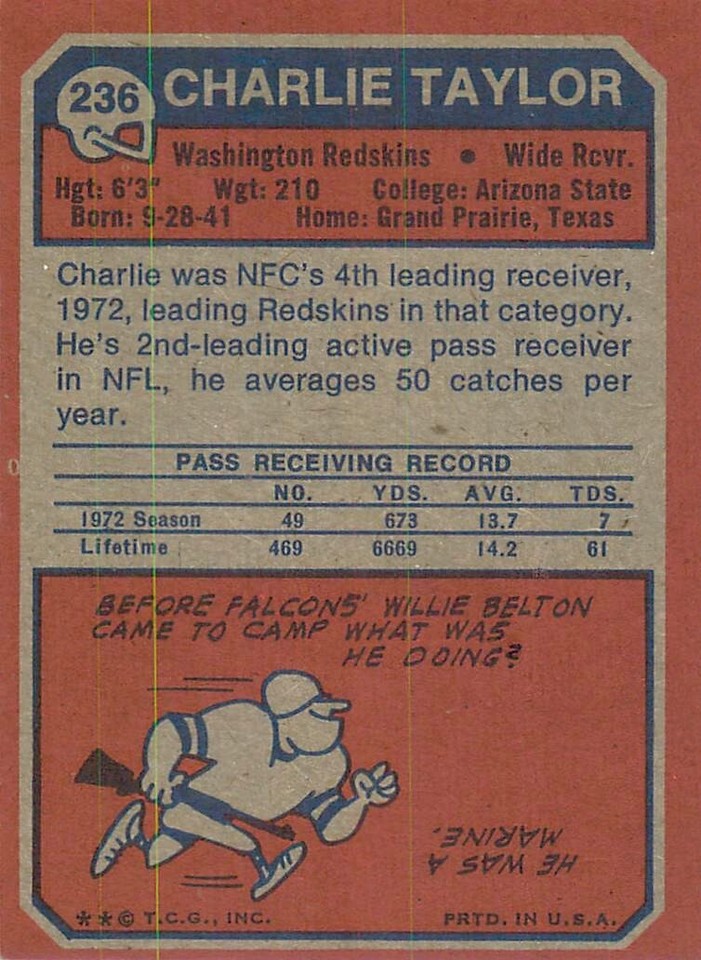 1973 Topps Football #236 CHARLIE TAYLOR Washington Redskins | eBay