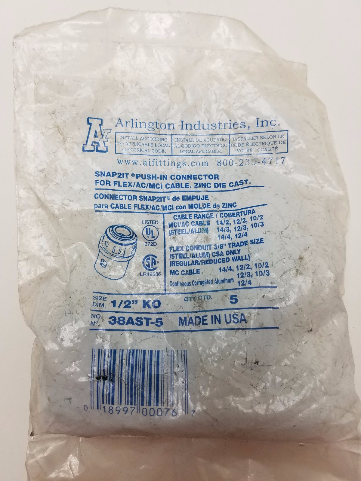 Arlington Industries Inc. 38AST-5 1/2" Snap2it Connector #7689 | eBay