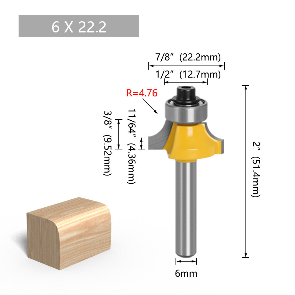 Round Over Edge Profile Router Bit, R3.2- R7.9 Radius, 1/4"(6.35mm) 6mm ...