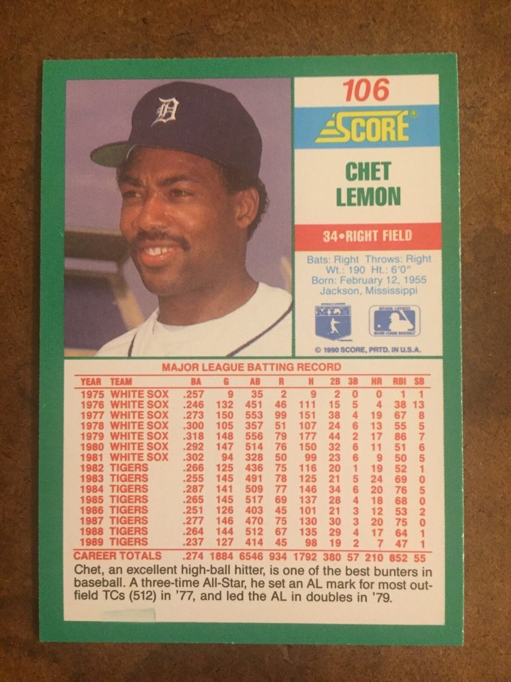 Chet Lemon 106 Score 1990 MLB Baseball Trading Card | eBay