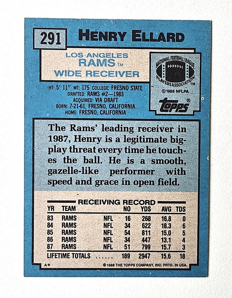 HENRY ELLARD - VINTAGE 1988 Topps Football Card # 291 - Los Angeles ...