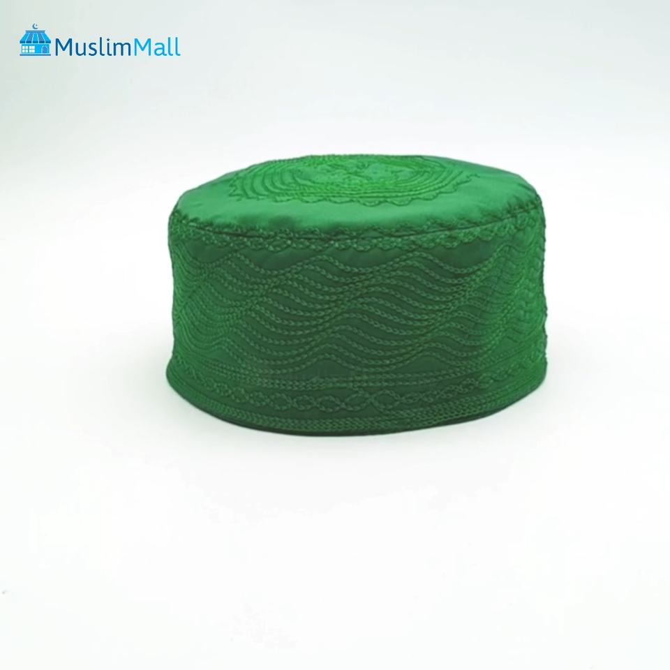 Madinah Green Kufi Cap Muslim Islamic Hat Soft Fabirc Topi Embroidered ...