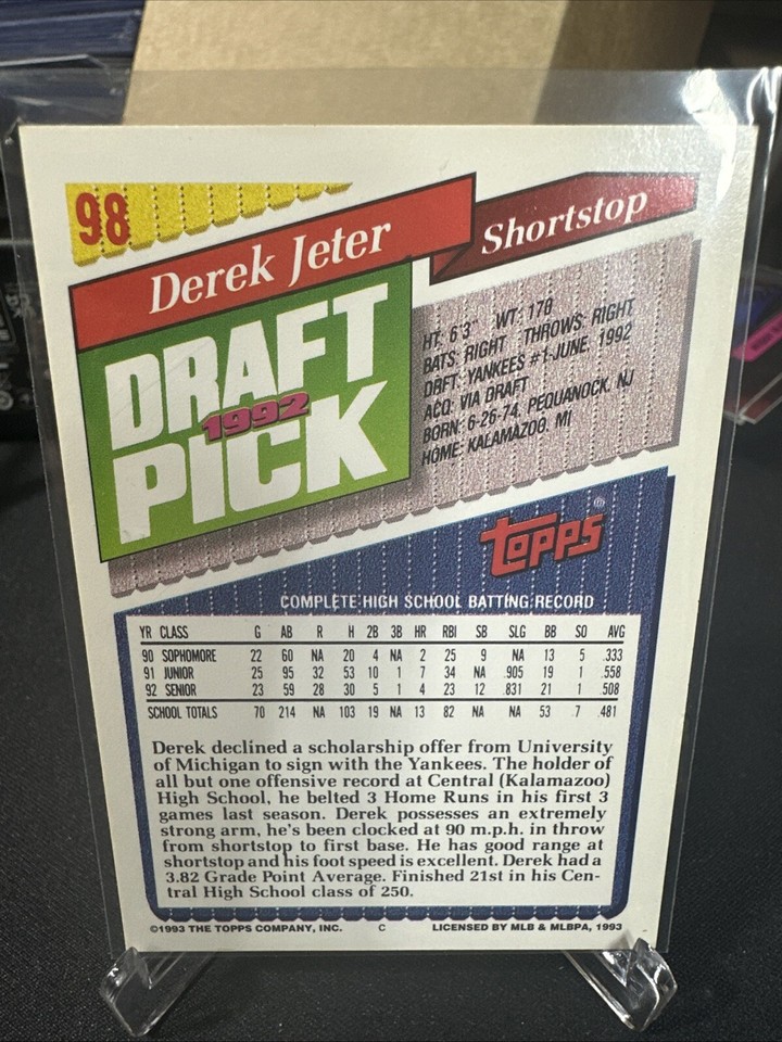 1993 Topps Draft Pick 1992 Derek Jeter New York Yankees #98 Rookie RC ...
