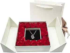 Preserved Red Rose Gift Box Handmade Roses with Necklace Present Gifts ...