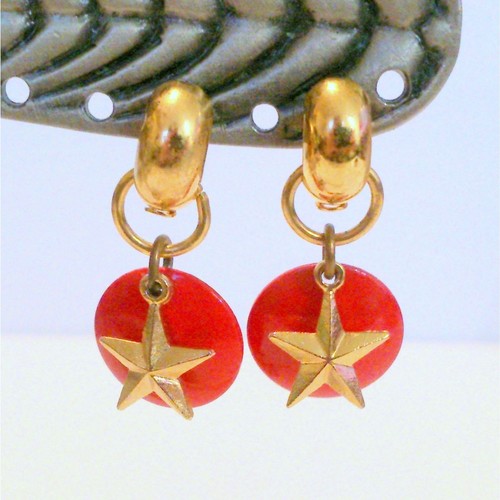 Gold Tone Red Drop Star Themed Dangle Earrings | eBay