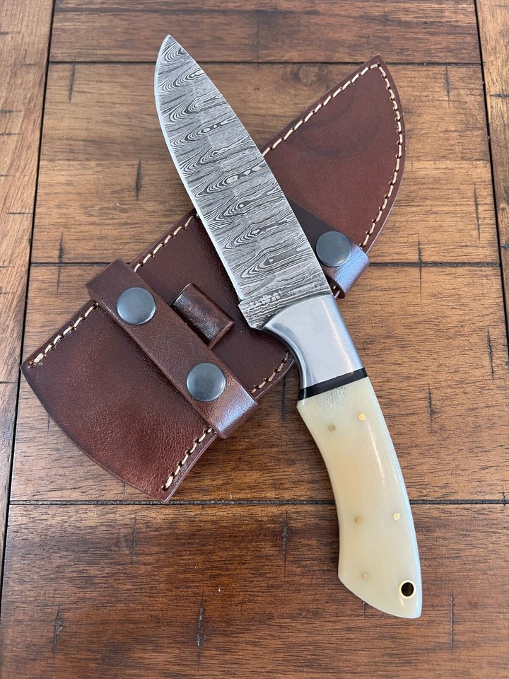 CUSTOM HANDMADE DAMASCUS BONE HANDLE KNIFE WITH PREMIMUM LEATHER SHEATH ...