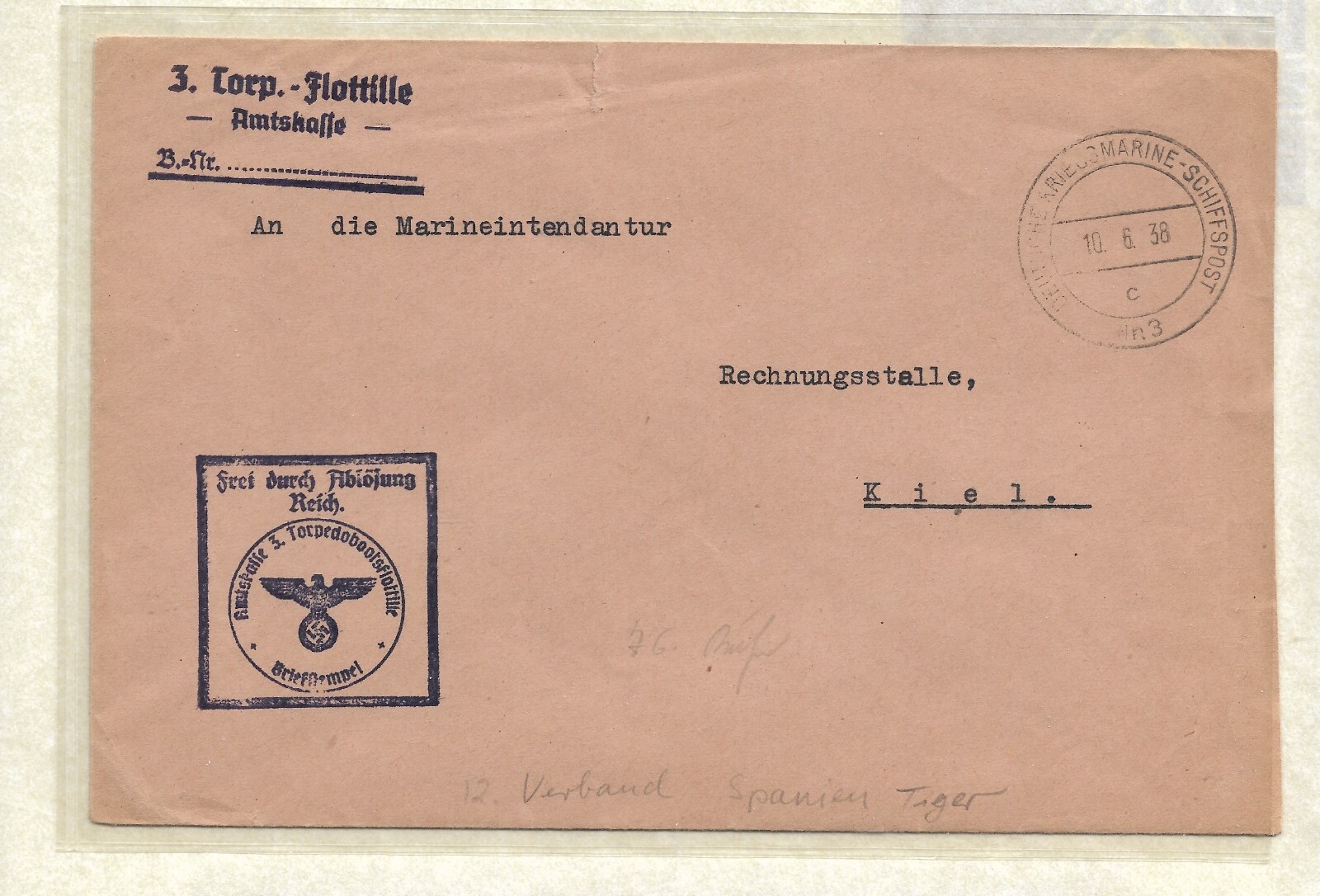 WW2: German Naval Feldpost MSP-3C KDM Tiger 6/10/38 (54657) | eBay